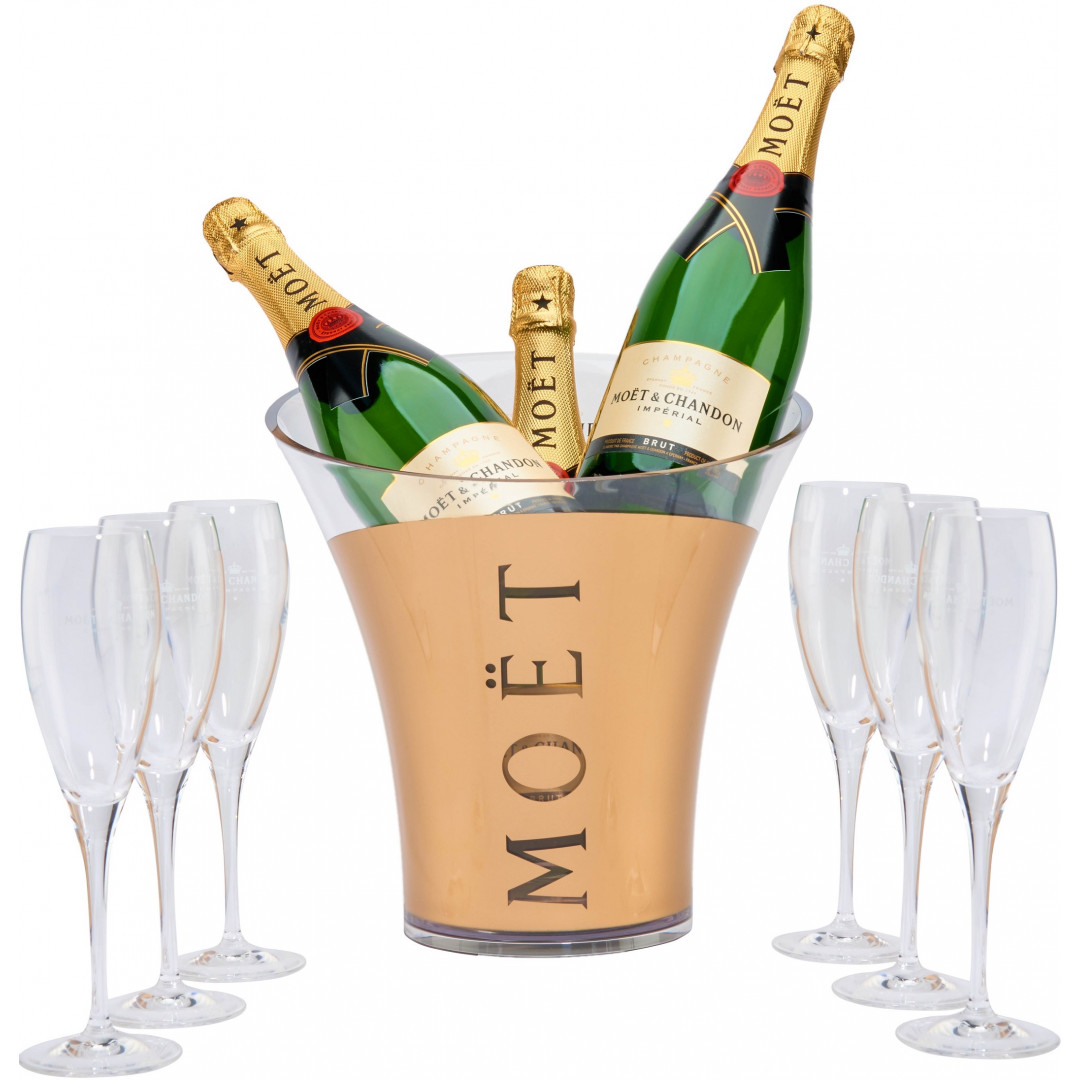 Pachet Moet & Chandon Brut 0.75L cu Frapiera si 6 Flute Sampanie ...